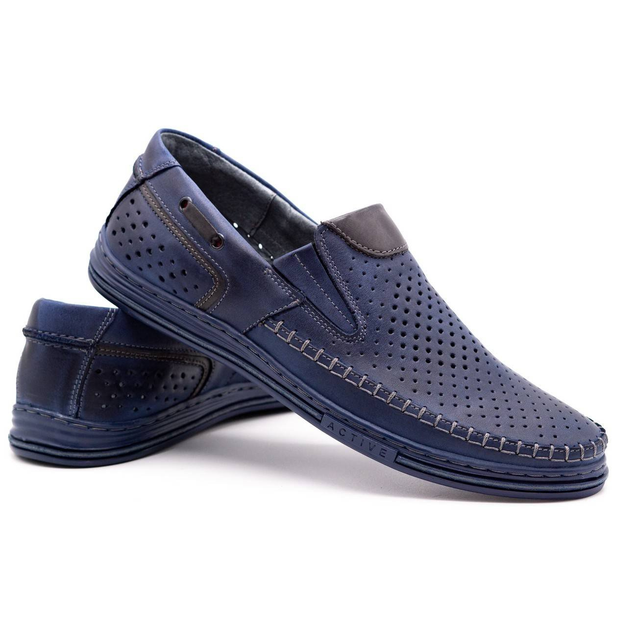 Buty męskie skórzane 09 na lato Granat z szarym - Buty Olivier