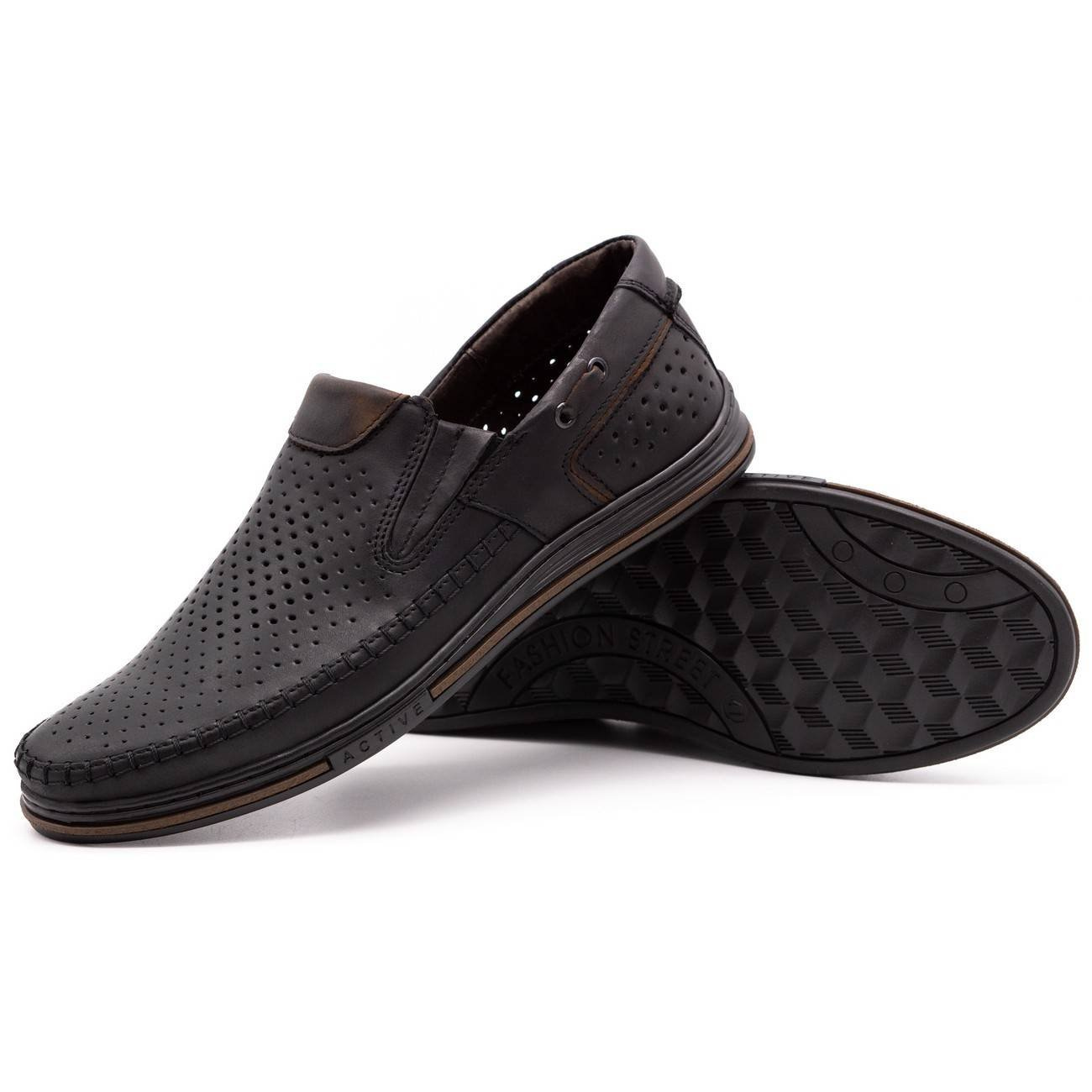 Buty męskie skórzane 09 na lato czarne z brązem - Buty Olivier